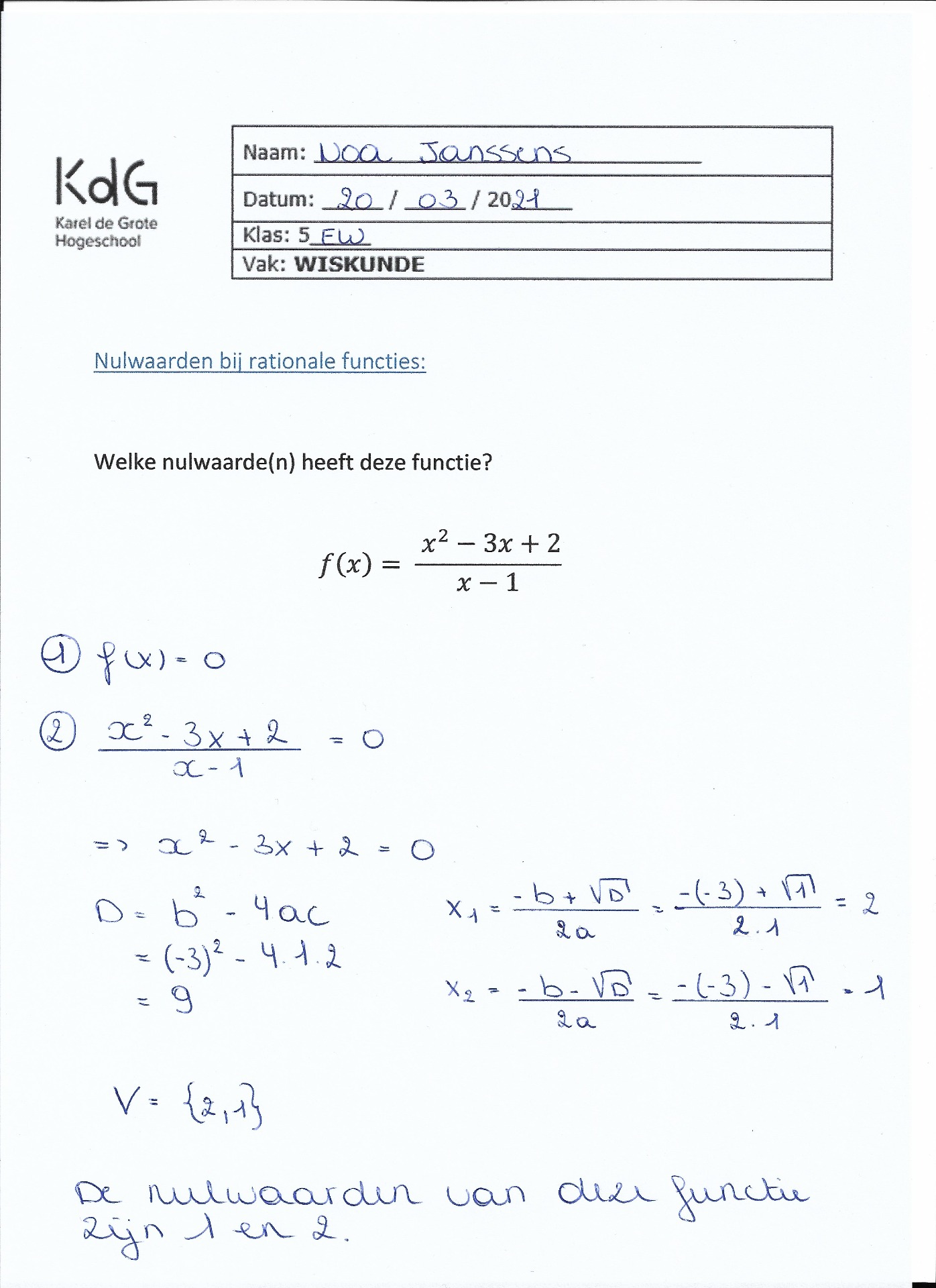 Rationale functies :: Nulwaarden van een functie